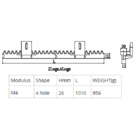 Sliding Gate Gear Rack with 4 lugs and steel reenforcing